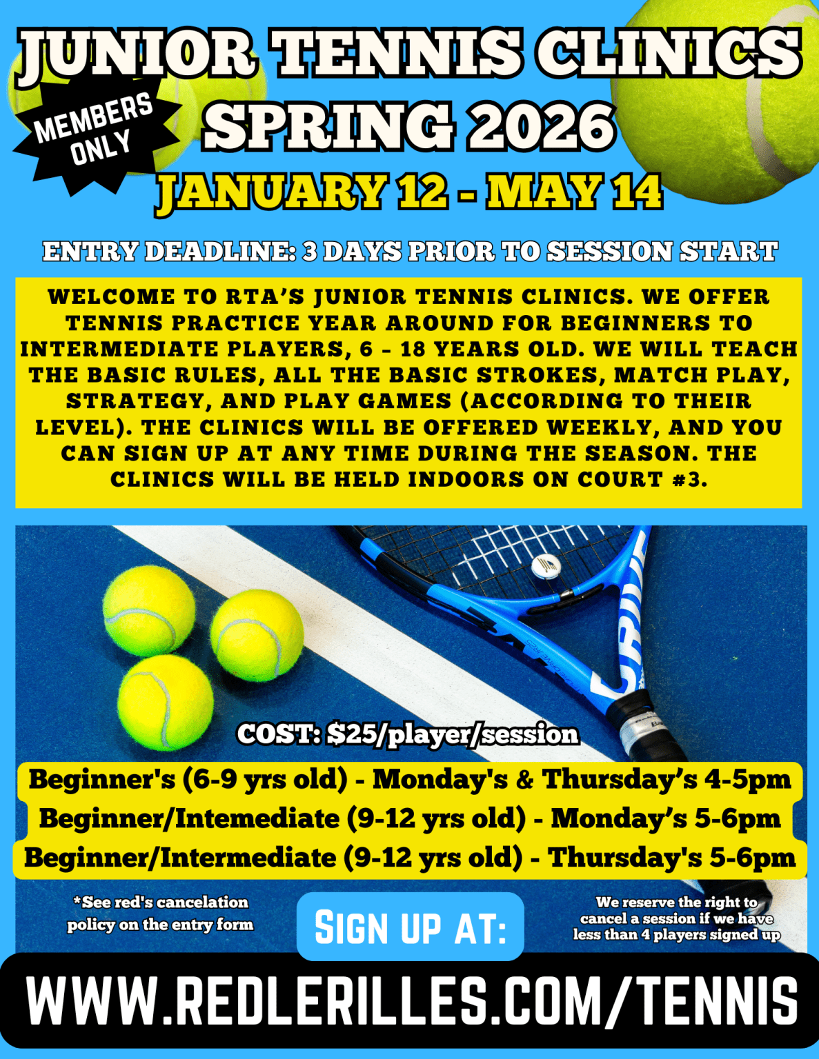 JUNIOR TENNIS CLINICS, SPRING 2026 – Poster/Entry Form | Red Lerilles